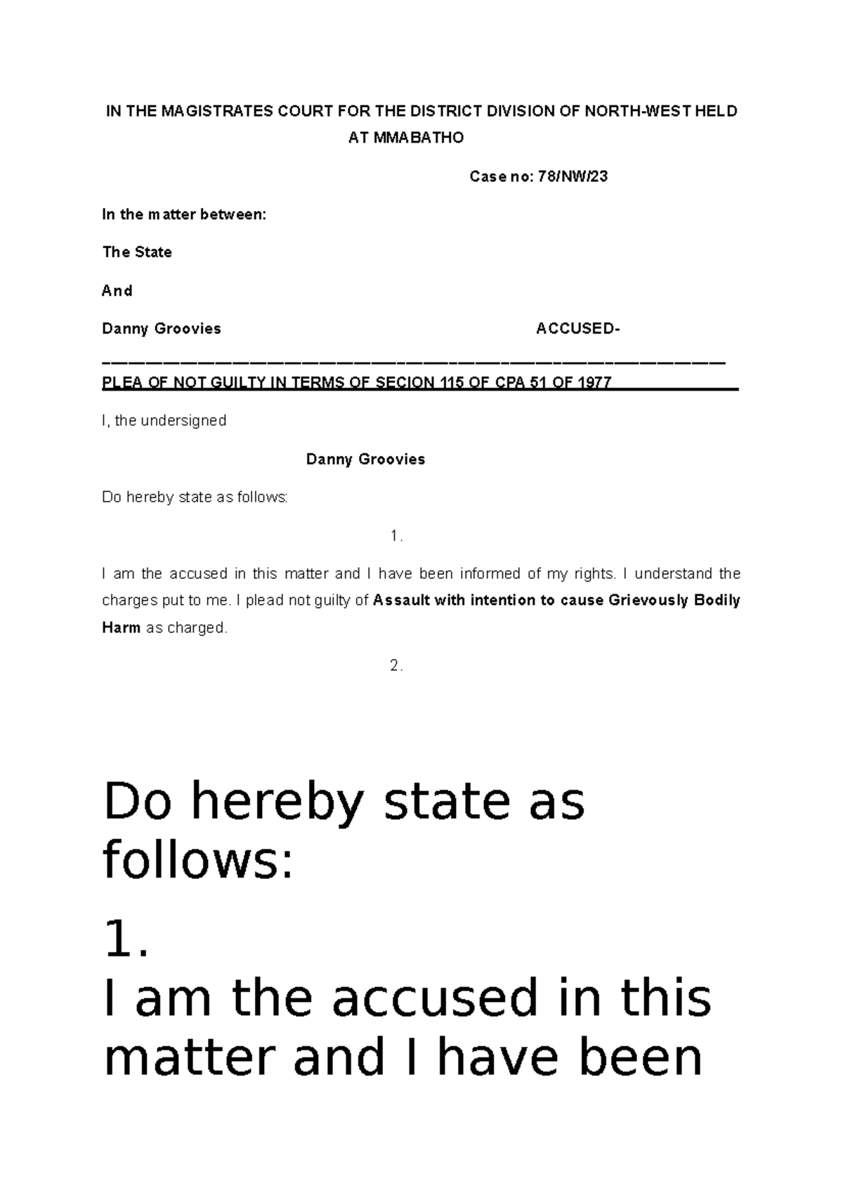 Plea of Not Guilty: Sec 115 Criminal Procedure Act (CPA 51/1977) - Studocu