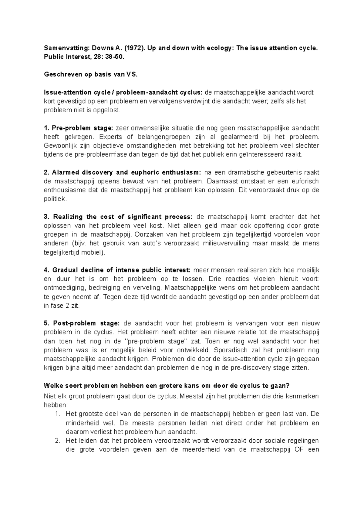 Samenvatting van Downs A: De Issue-Attention Cyclus en Milieu Impact ...