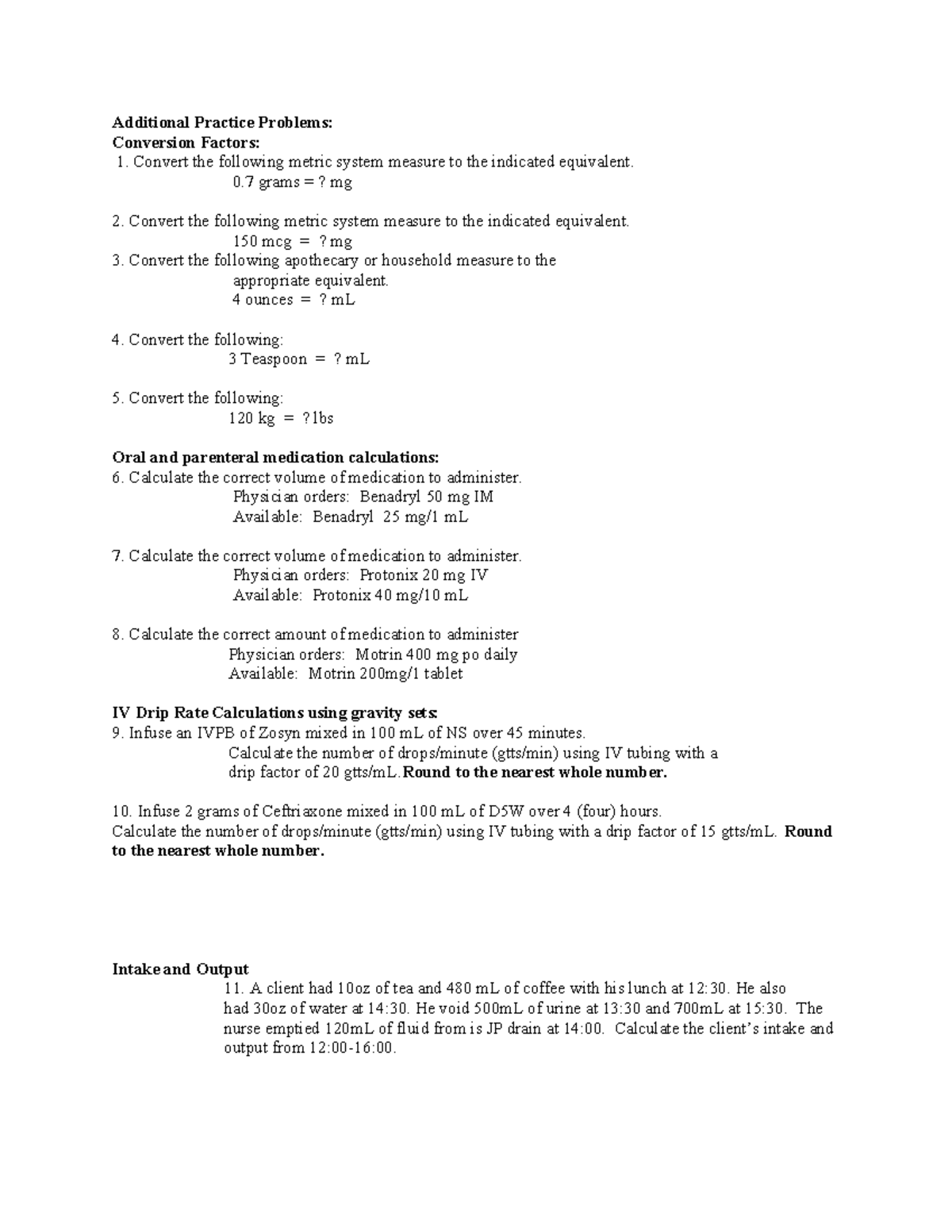 Math Practice Problems: Conversion Factors & Medication Calculations ...