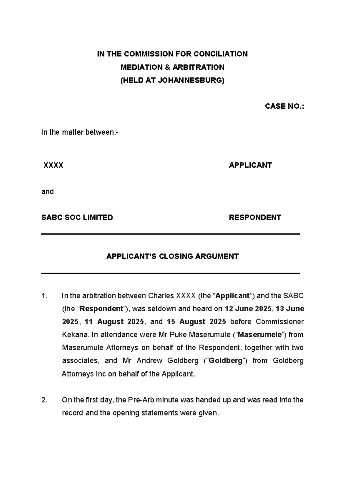 Arbitration Closing Arguments: Case No. CCMA 2025 - SABC vs. Charles ...