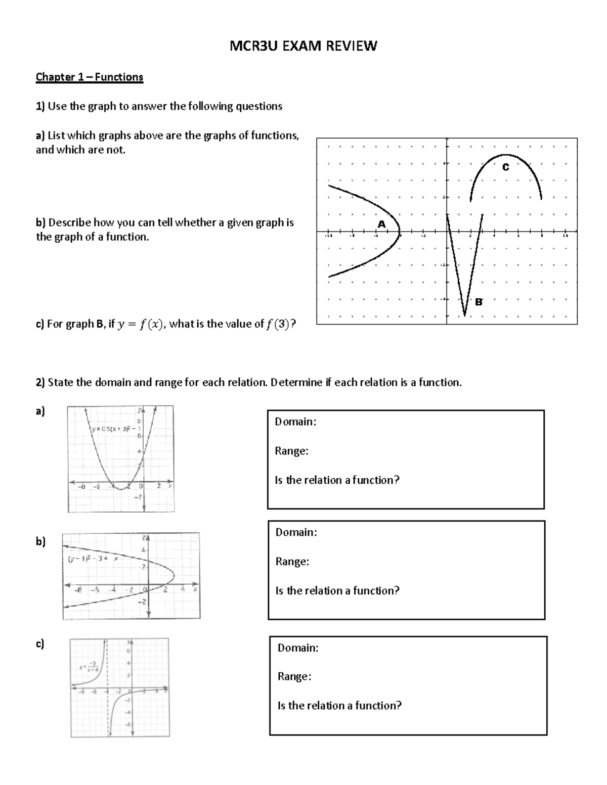 MCR3U Final Exam Review: Functions, Relations, and Transformations ...