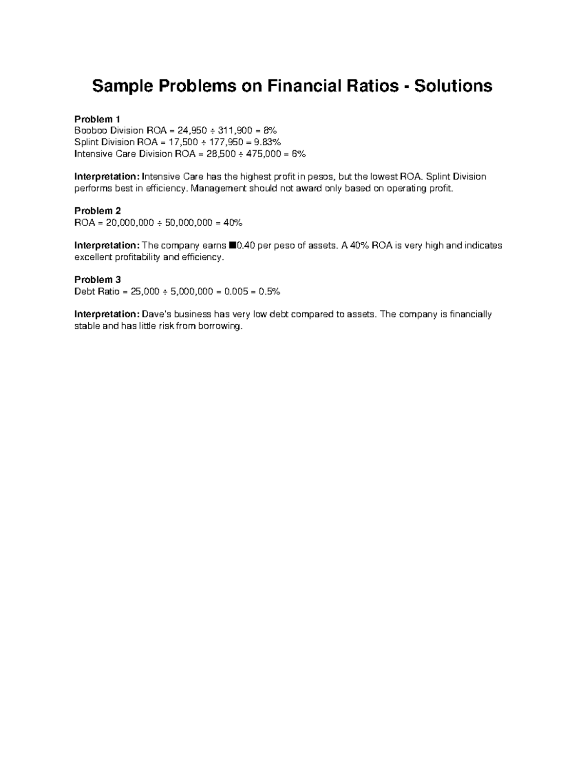 Financial Ratios Solutions - Sample Problems on Financial Ratios ...