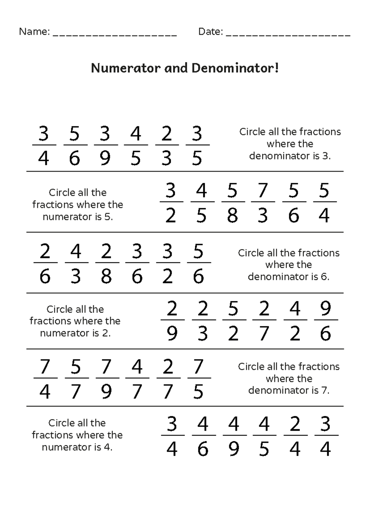 Identifying Numerators and Denominators - 3rd Grade Worksheet - Name