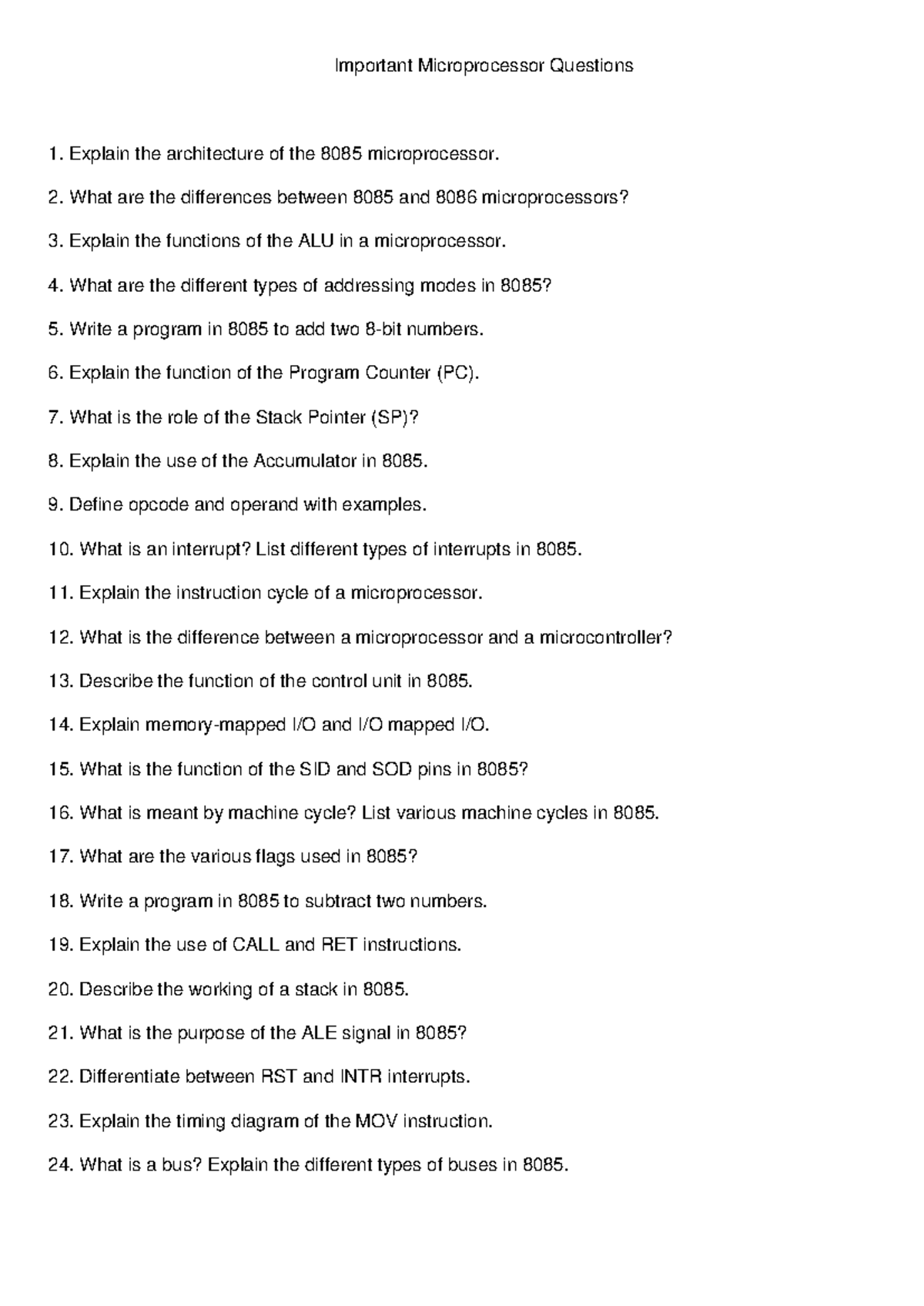 Microprocessors (MCP-101) Important Questions for Revision - Studocu