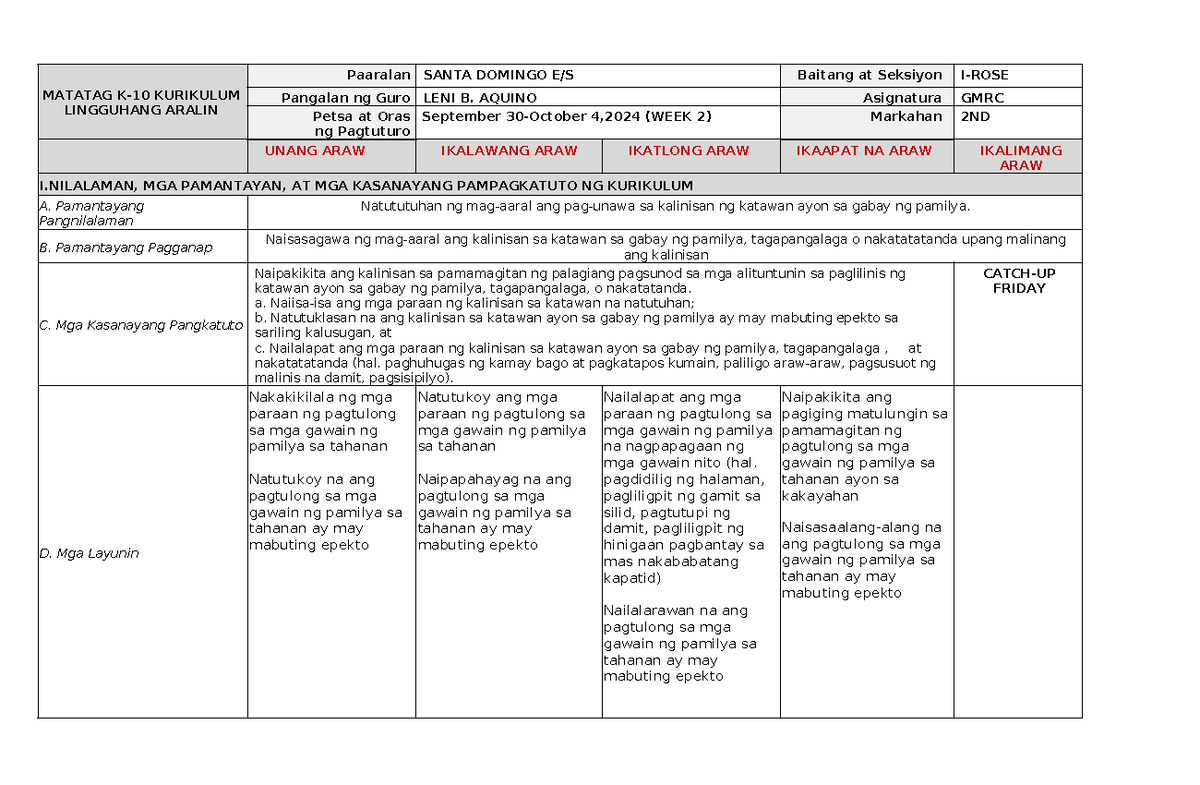 GMRC-Q2 Week 2: Pag-aaral ng Pagtulong sa Pamilya - Studocu