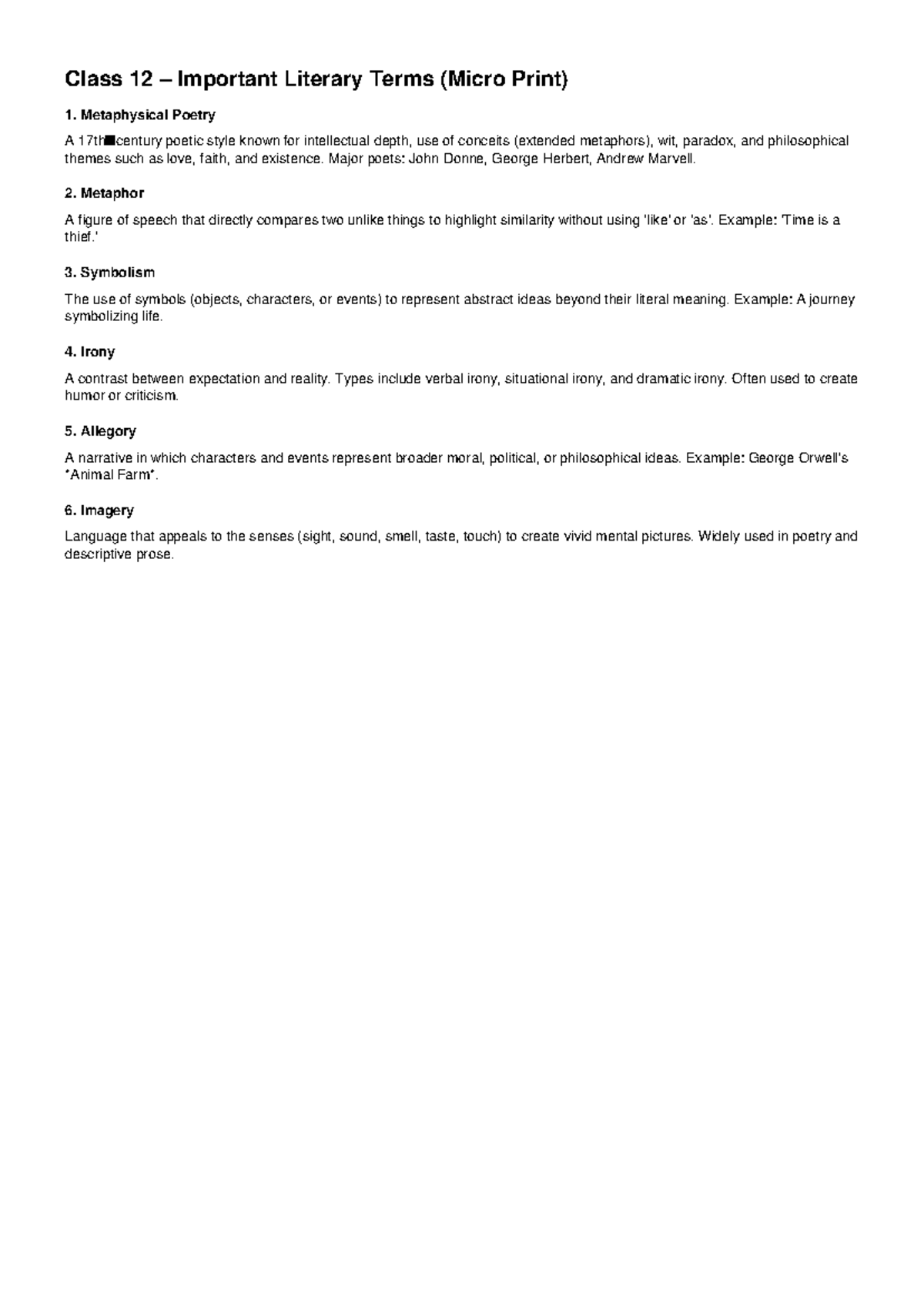 Class 12 Important Literary Terms Overview (Micro Print) - Studocu