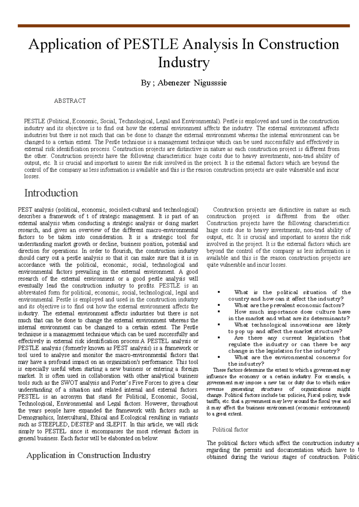 PESTLE Analysis Application in Construction Industry Insights - Studocu