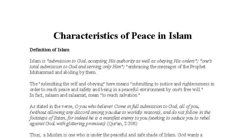 Characteristics of Peace in Islam: A Comprehensive Overview - Studocu