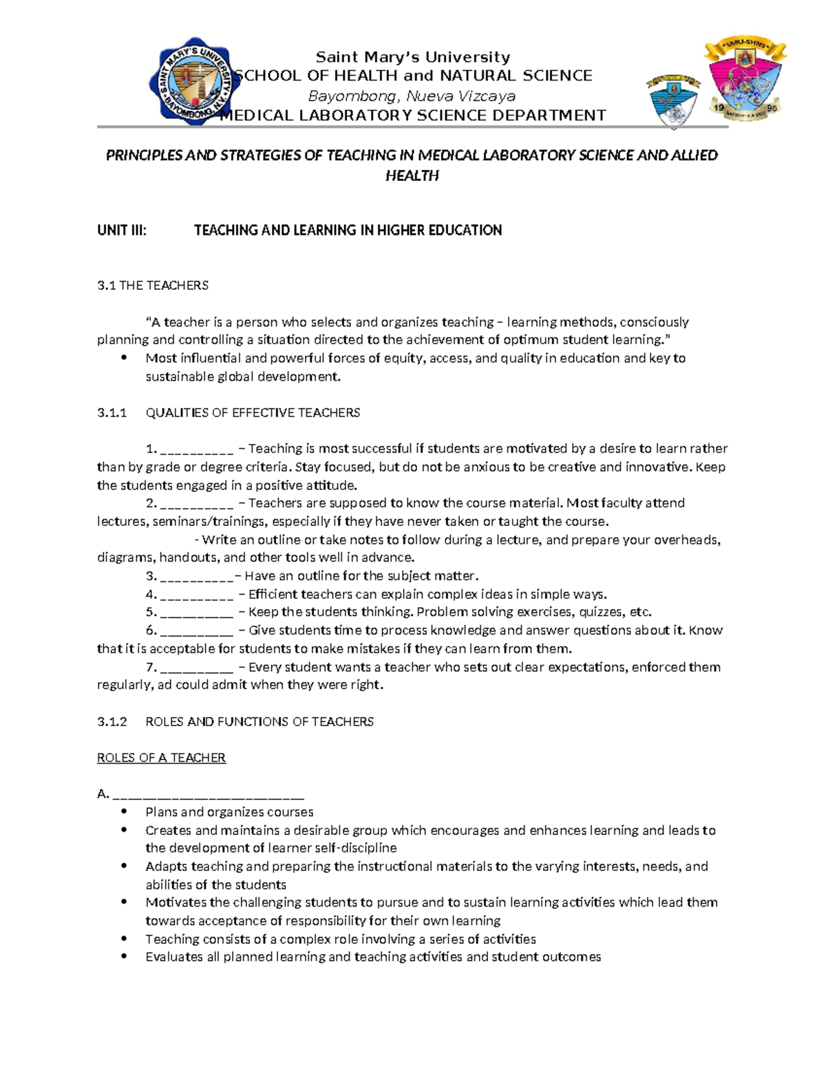 Unit 3: Principles & Strategies of Teaching in Medical Lab Science ...