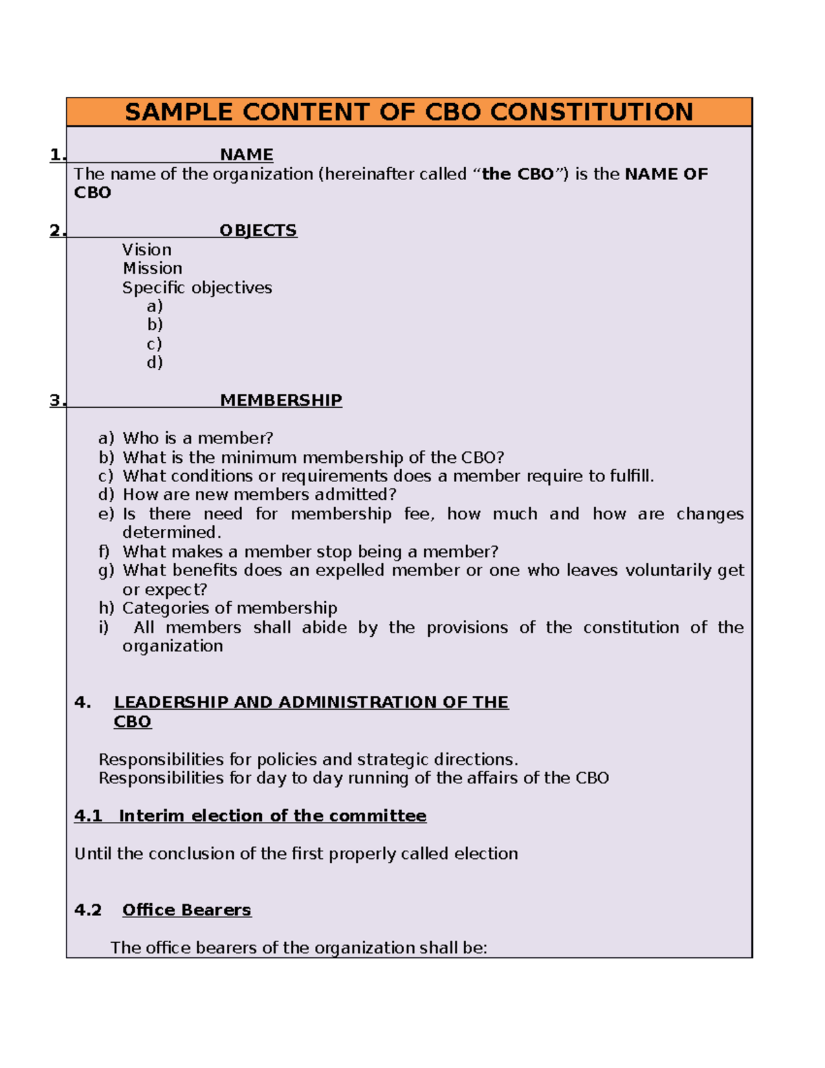 CBO Constitution Overview: Structure, Membership & Governance - Studocu