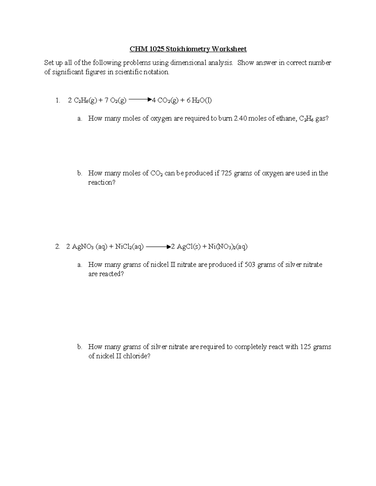 CHM 1025 Stoichiometry Practice Problems and Calculations - CHM 1025 ...