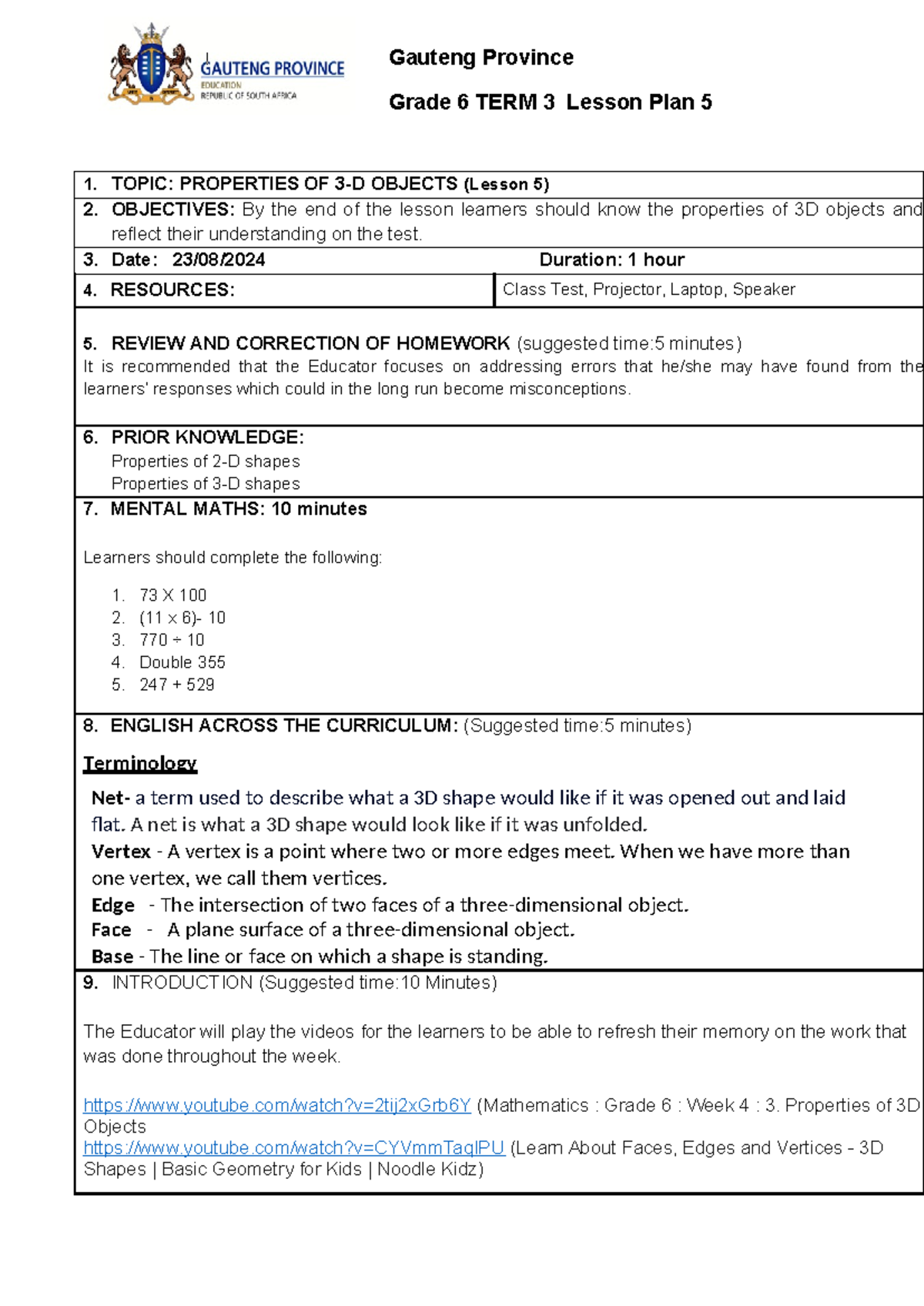 Gauteng Province Grade 6 TERM 3 Lesson Plan 5: Properties of 3D Objects ...