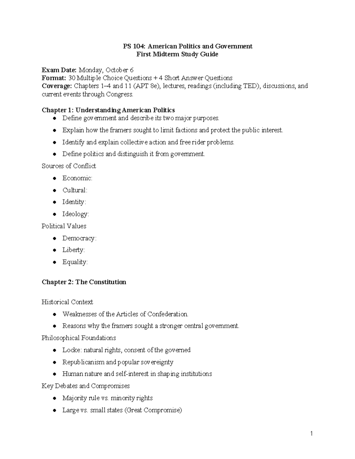 PS 104: American Politics - First Midterm Study Guide Overview - Studocu