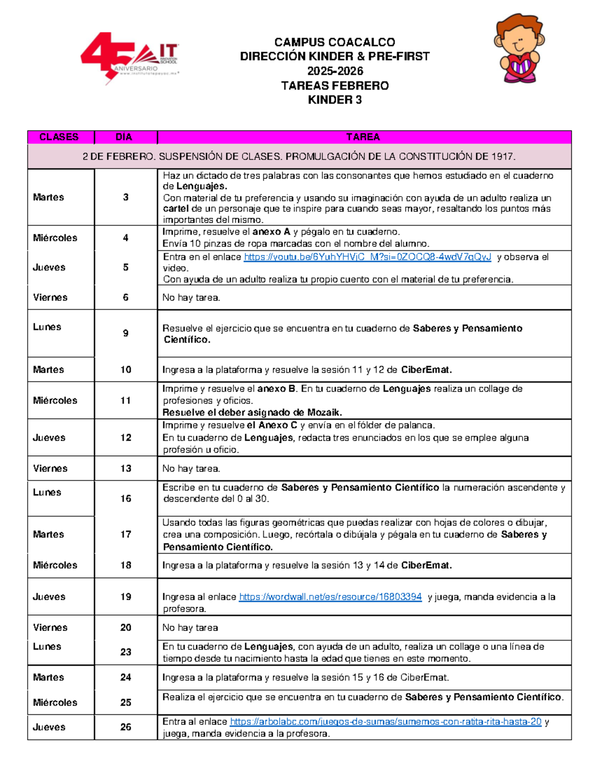 Tareas de Español para Kinder 3 - Febrero 2023 - Studocu