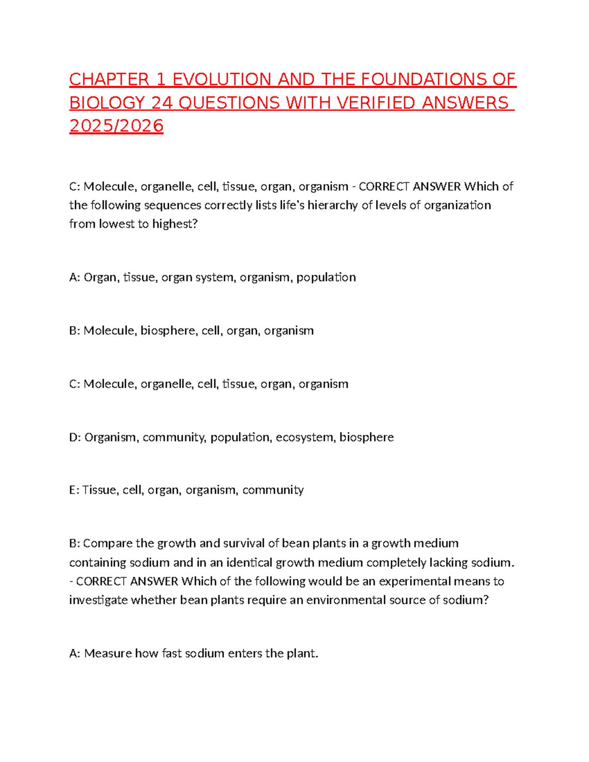 CHAPTER 1 EVOLUTION AND FOUNDATIONS OF BIOLOGY: 24 VERIFIED Q&A - Studocu