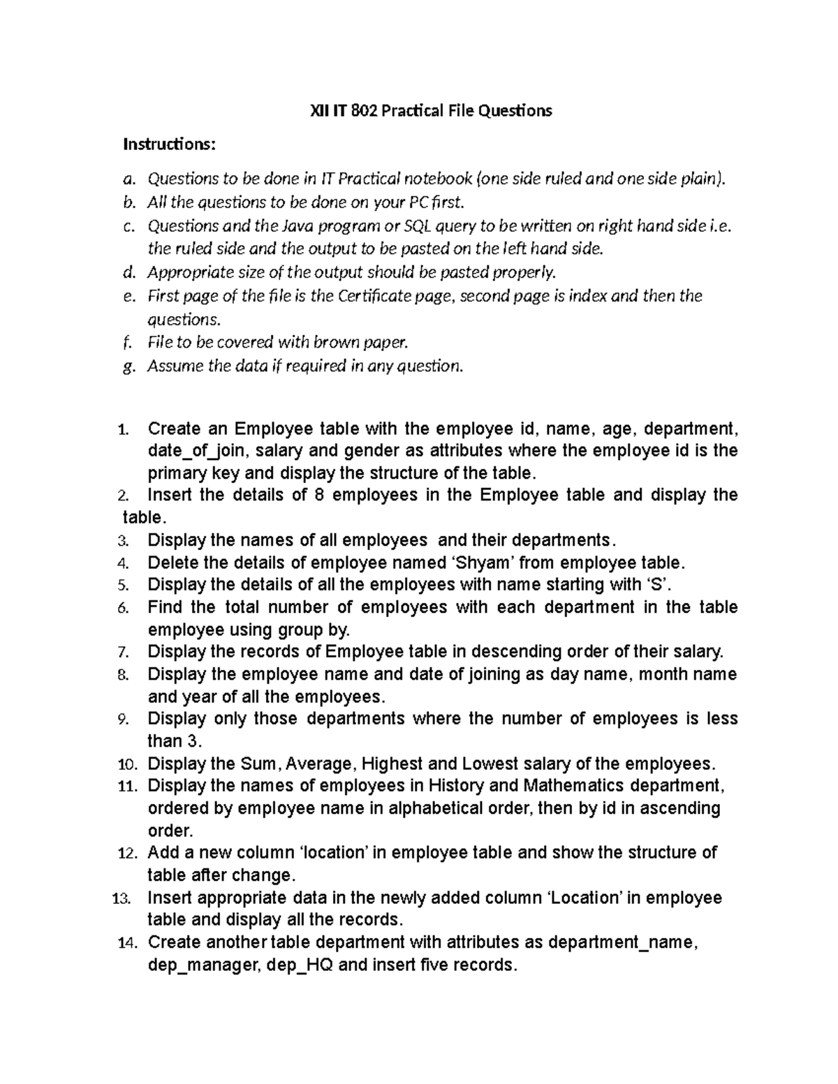 XII IT 802 Practical File Questions for 2024-25 - Studocu