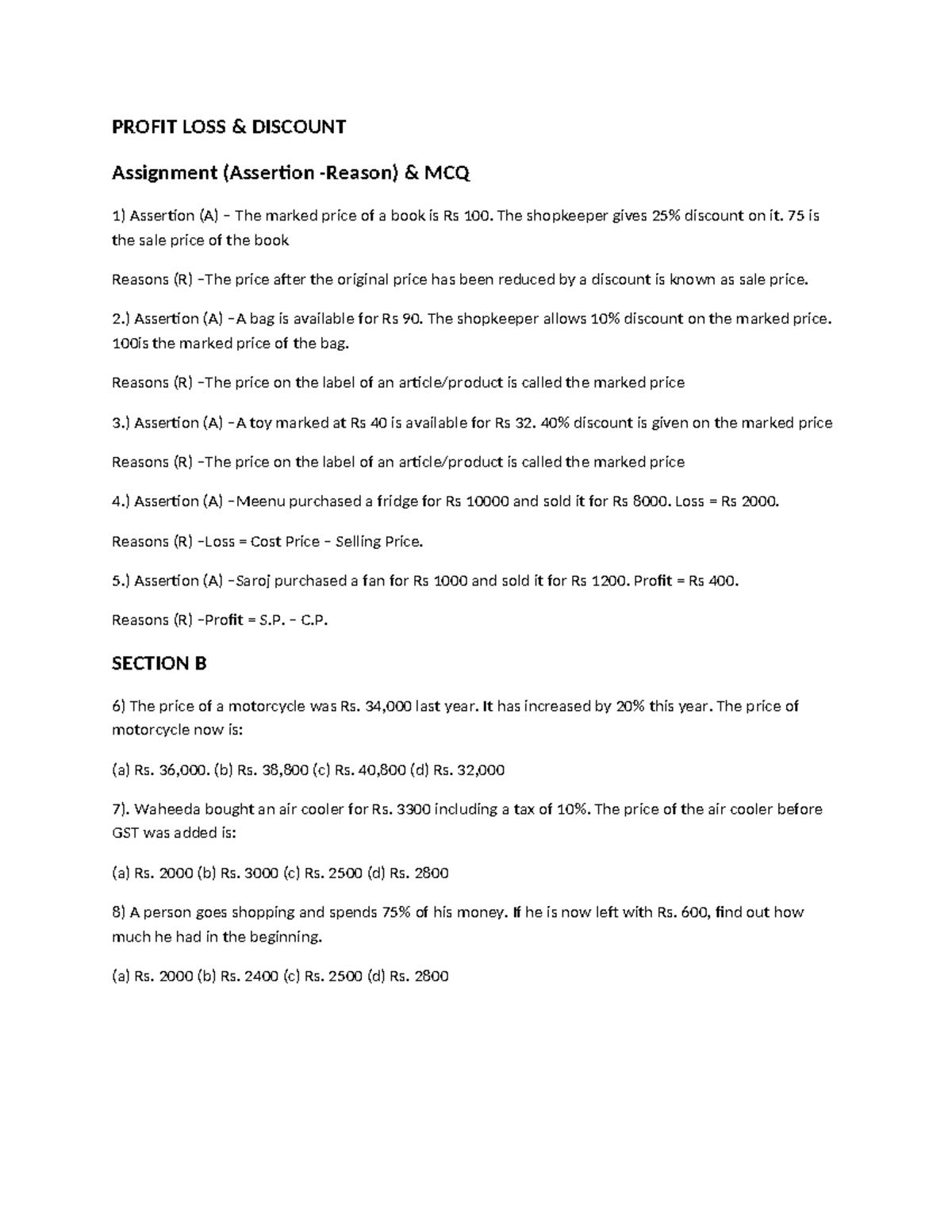 Assignment on Profit, Loss & Discounts - MCQs & Assertions Analysis - Studocu