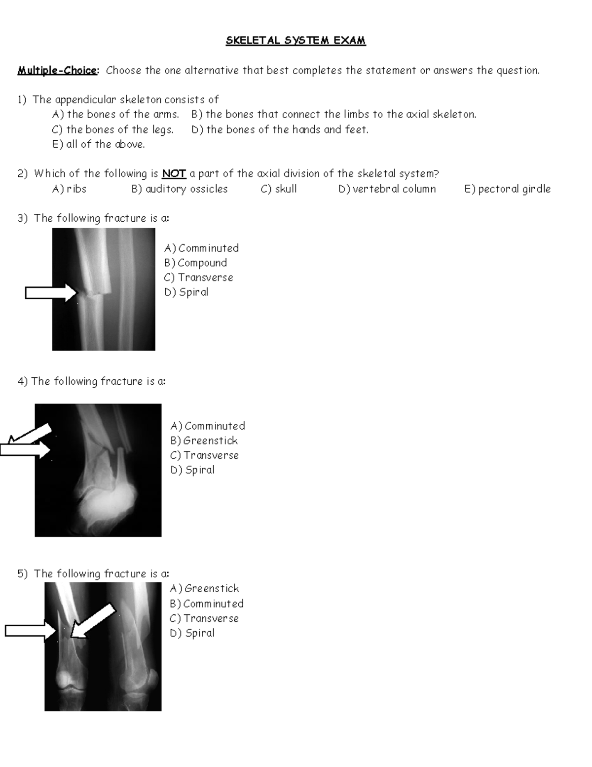 Skeletal system exam (1) - SKELETAL SYSTEM EXAM Multiple-Choice ...