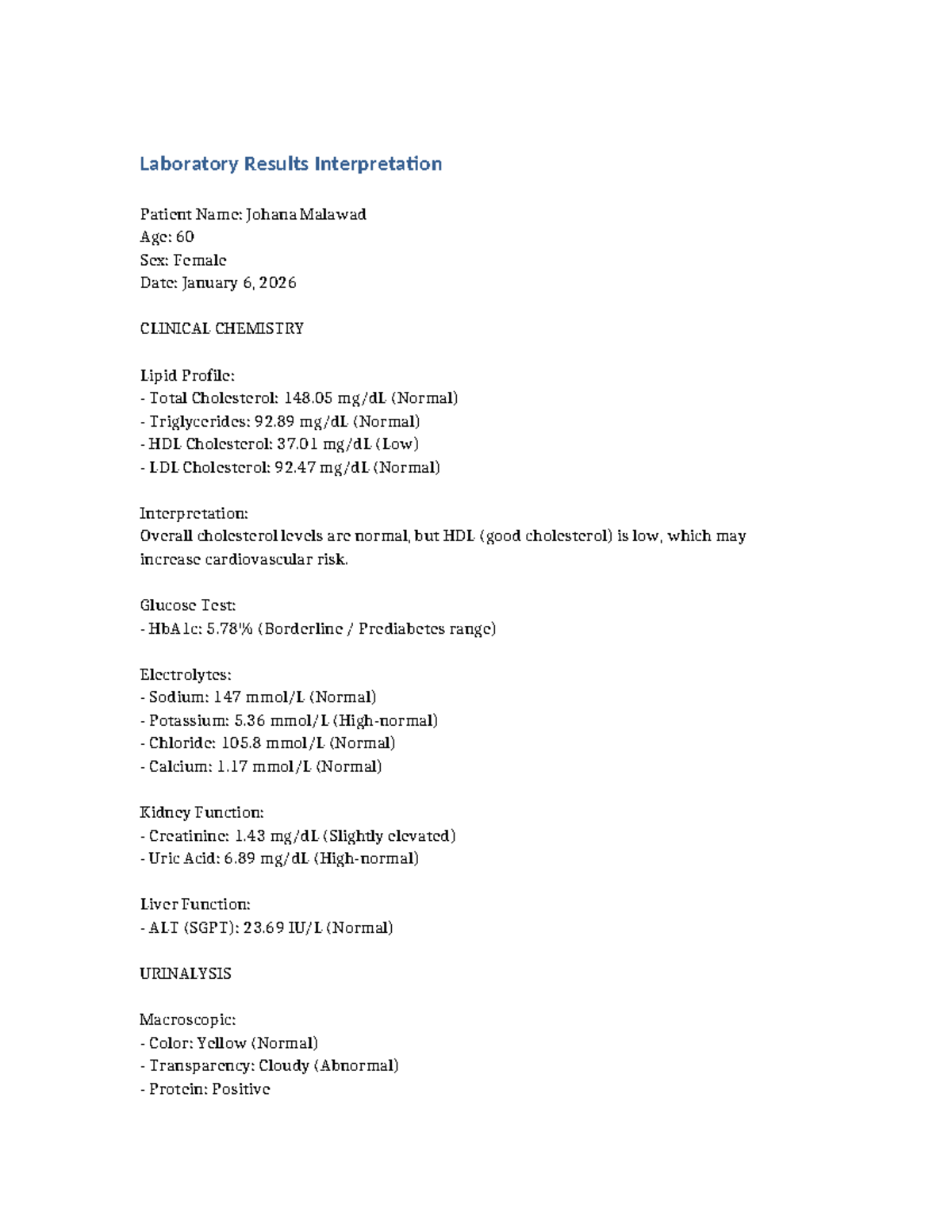 Laboratory Results Interpretation for Patient Johana Malawad - Studocu