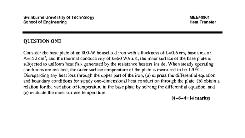 MEE40001 Heat Transfer Final Exam Questions and Solutions - Studocu