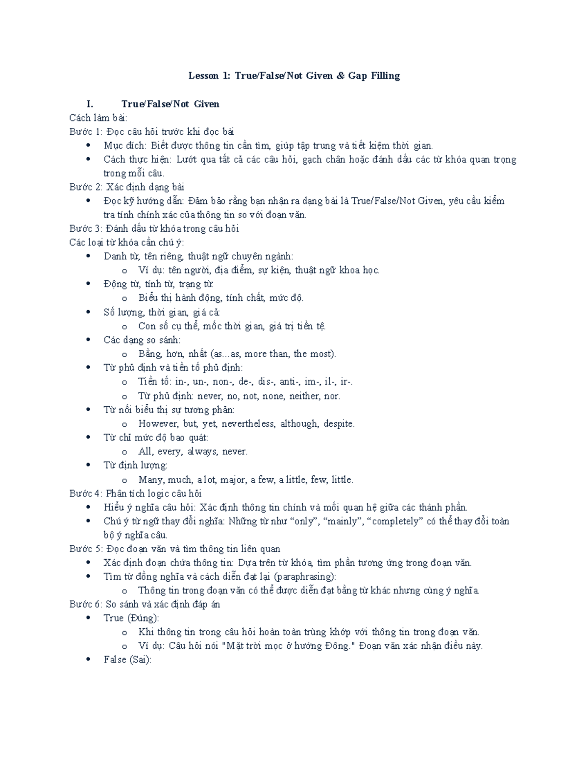 Lesson 1: True/False/Not Given & Gap Filling Strategies for IELTS - Studocu