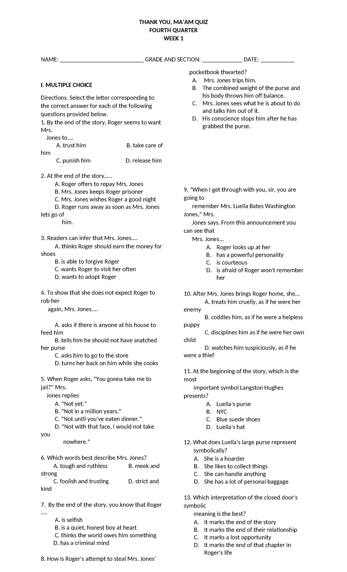 Thank-YOU-MAM-QUIZ - ENGLISH 9 - THANK YOU, MA’AM QUIZ FOURTH QUARTER ...