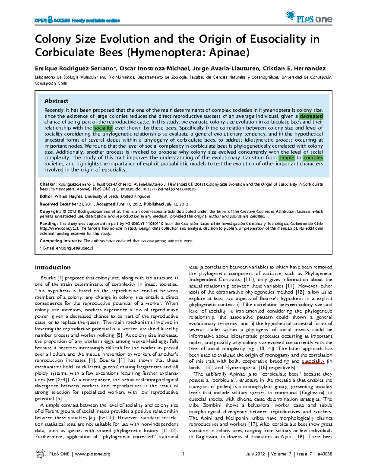 Colony Size Evolution and Eusociality in Corbiculate Bees (Hymenoptera ...