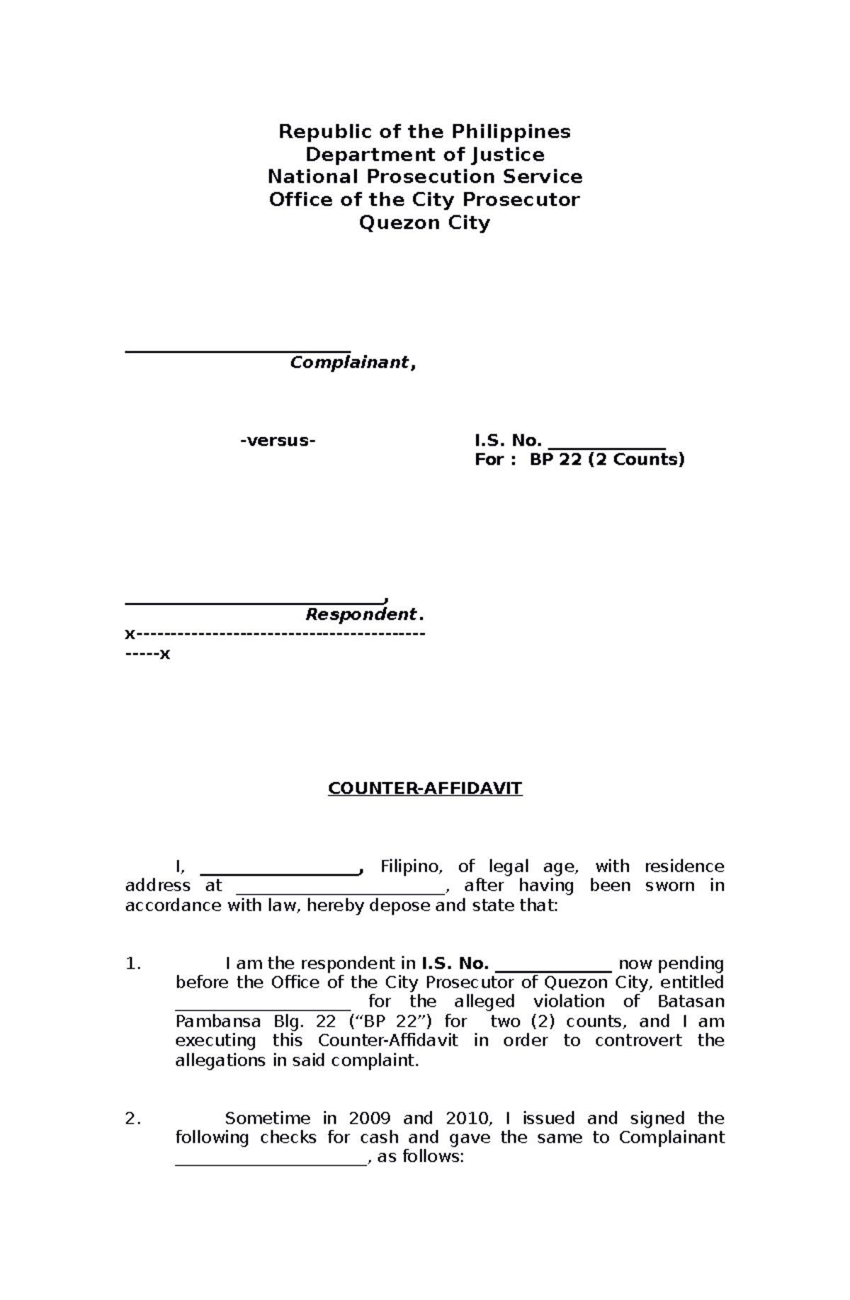414427664 Counter Affidavit for BP 22 Violation Case - Studocu