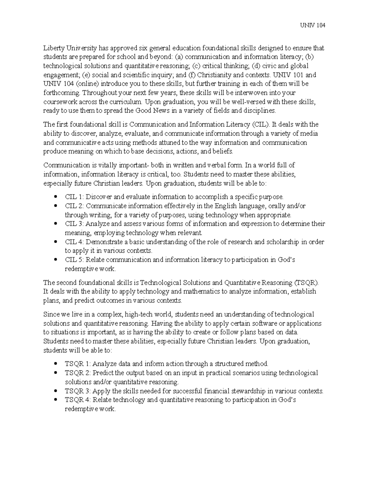 Foundational Skills Idk Univ 104 Liberty University Has Approved