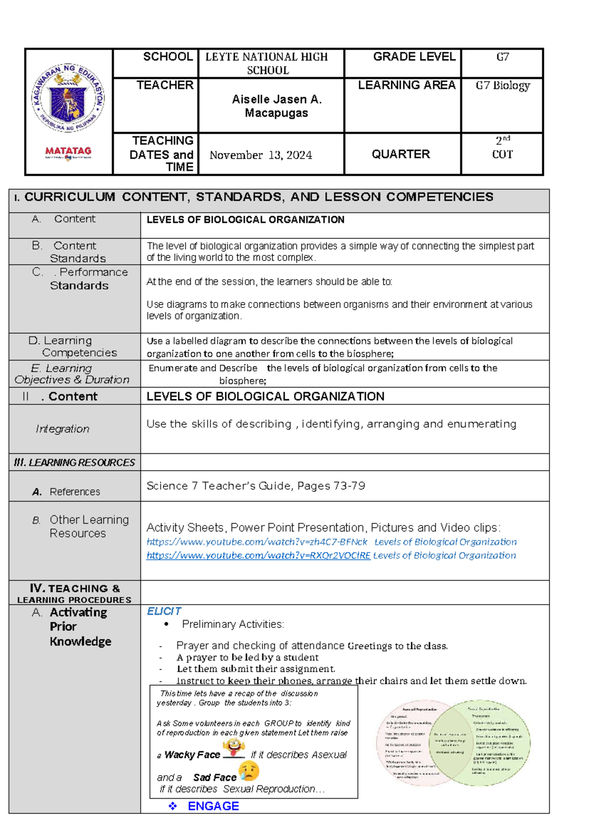 G7 Biology 2nd Quarter COT Lesson Plan: Levels of Biological ...