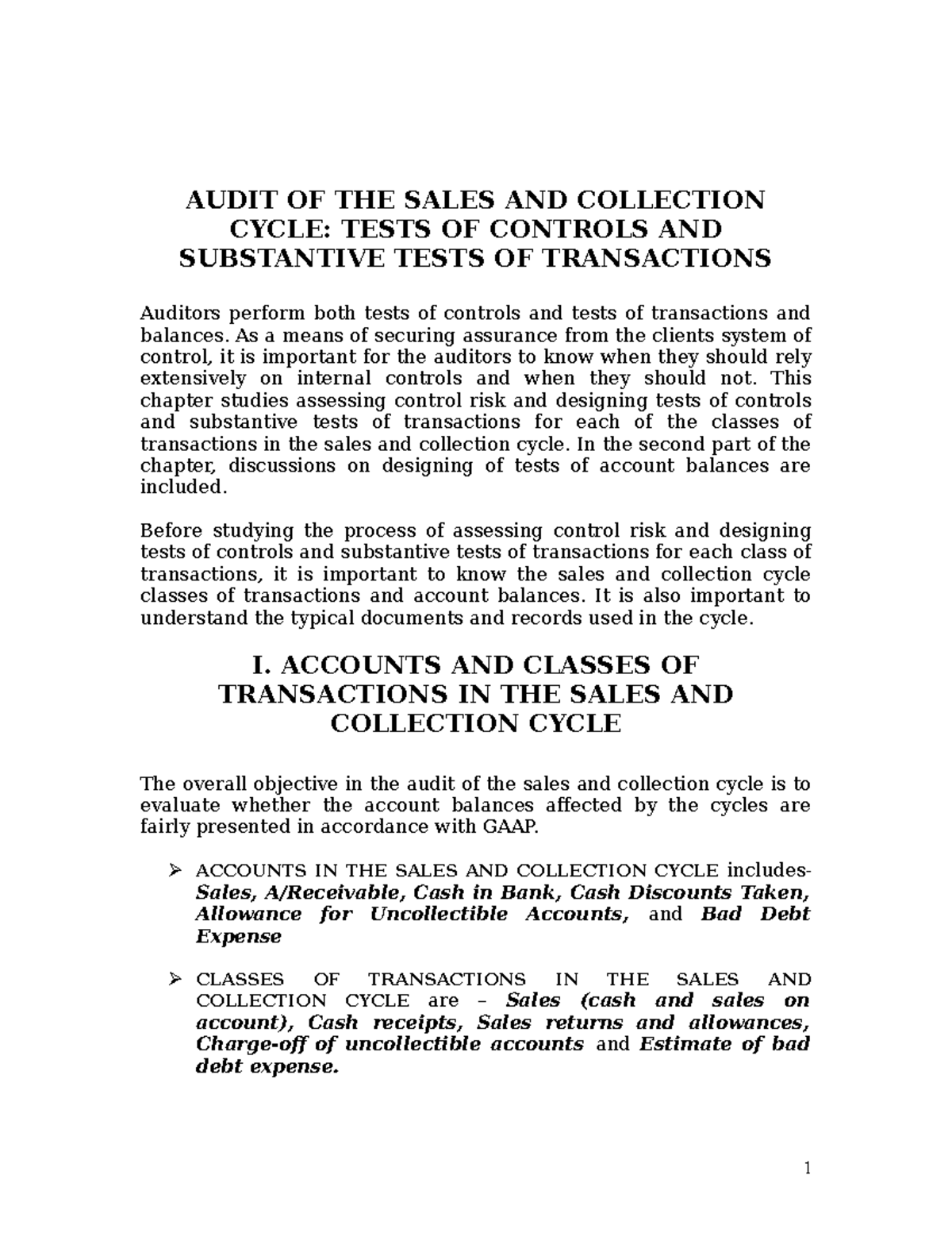 Audit of Sales and Collection cycle - AUDIT OF THE SALES AND COLLECTION ...