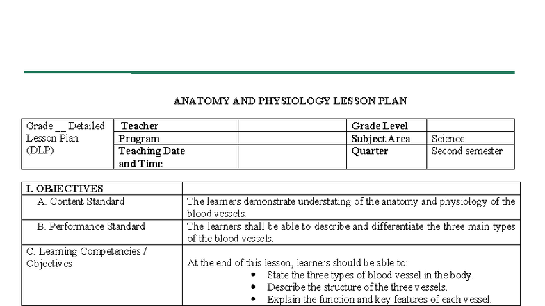 ANATOMY AND PHYSIOLOGY LESSON PLAN: Blood Vessels DLP - Studocu