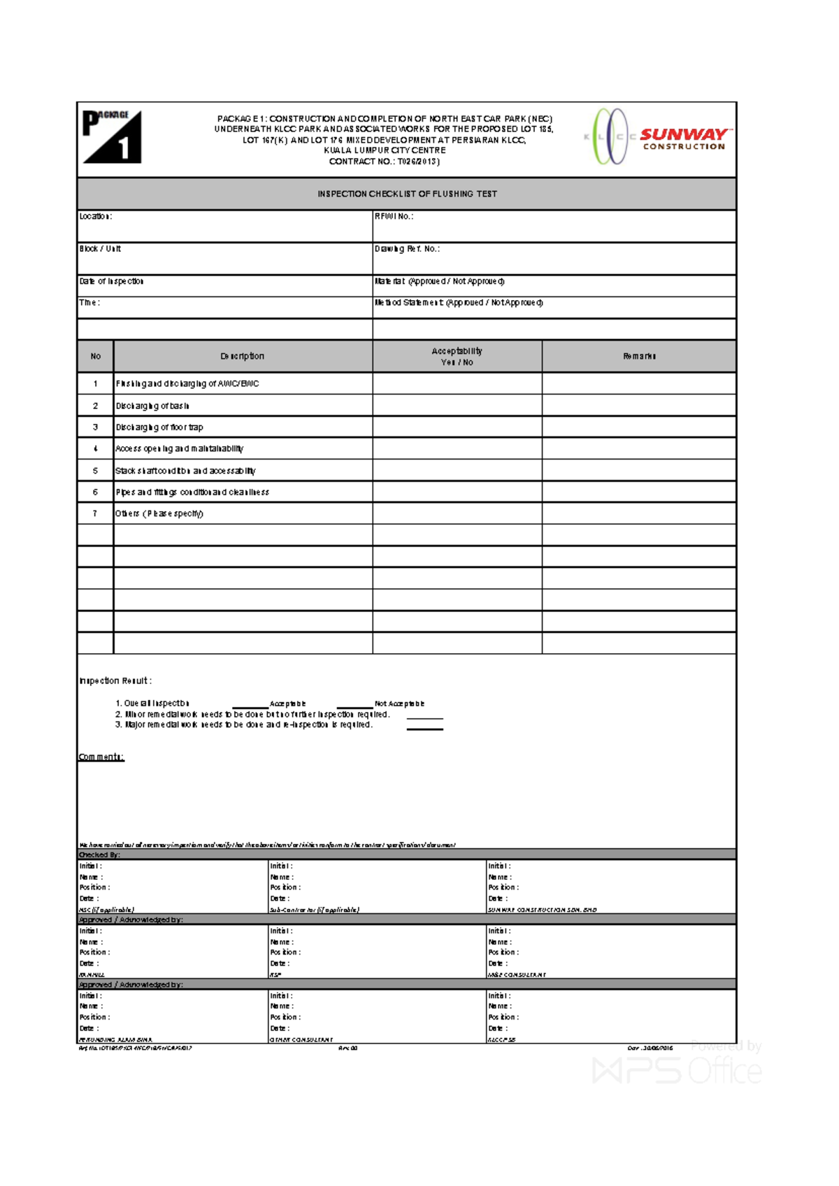 Inspection Checklist for Flushing Test - Package 1 NEC Contract T026 ...