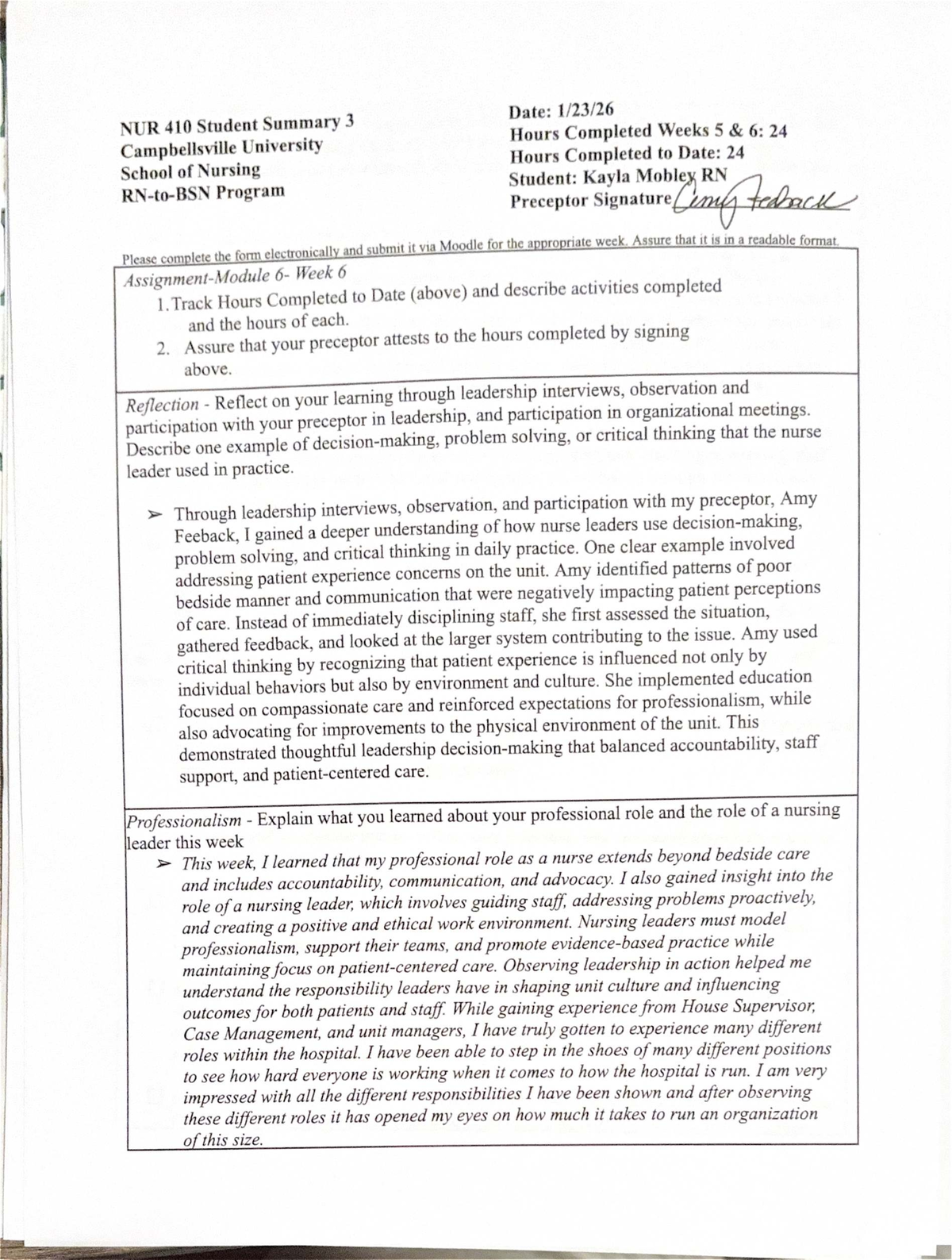 NUR 410 Student Summary: Leadership Practicum Reflection and Hours - Studocu