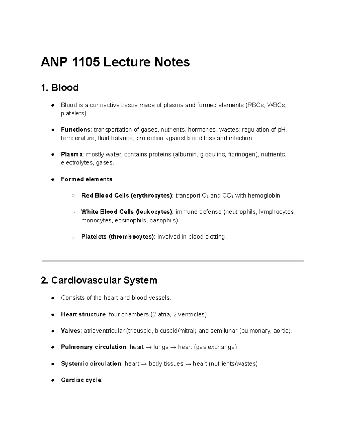 ANP 1105 Lecture Notes: Blood and Cardiovascular System Overview - Studocu