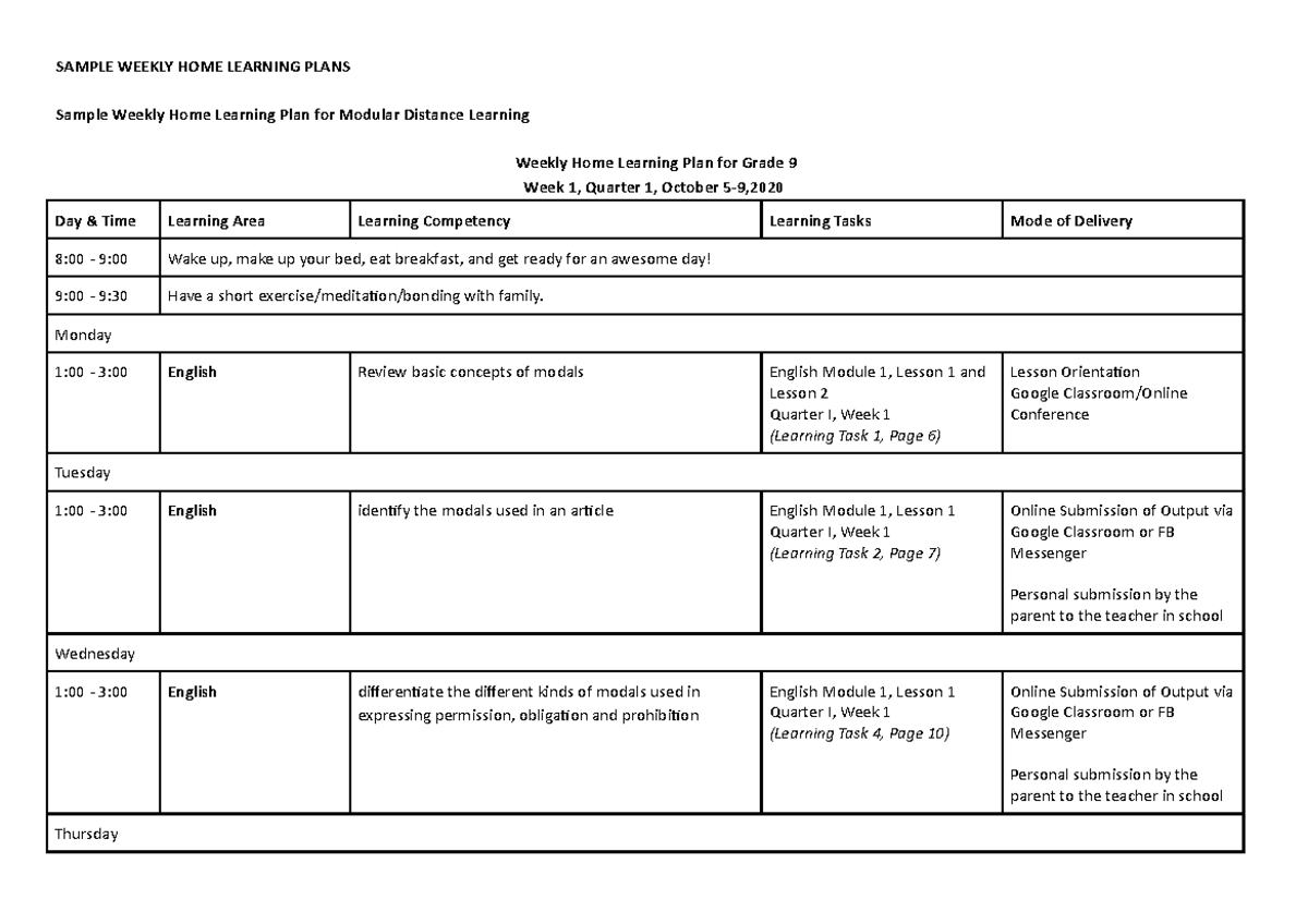 Sample Weekly Home Learning Plan for Modular Distance Learning - Monday ...