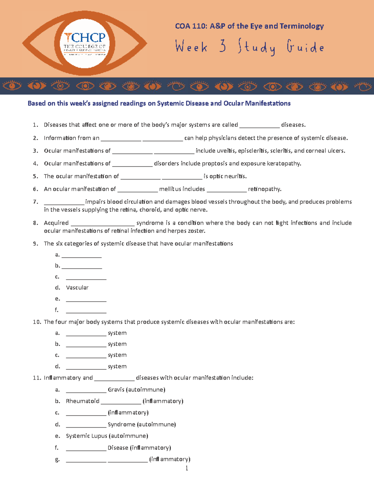 COA 110: Week 3 Study Guide on Eye Anatomy & Systemic Diseases - Studocu