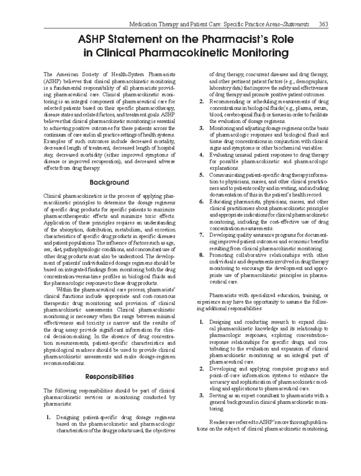 ASHP Statement on Pharmacists' Clinical Pharmacokinetic Monitoring ...
