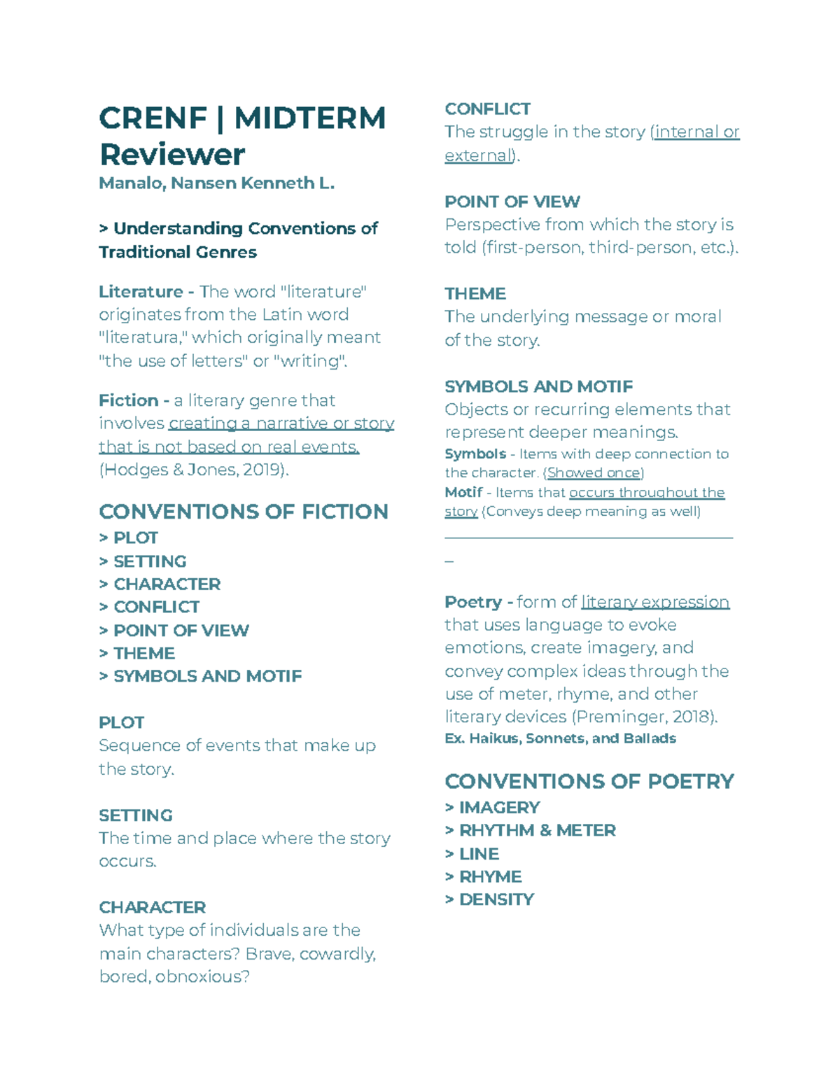 CRENF MIDTERM Reviewer: Understanding Traditional Literary Genres - Studocu