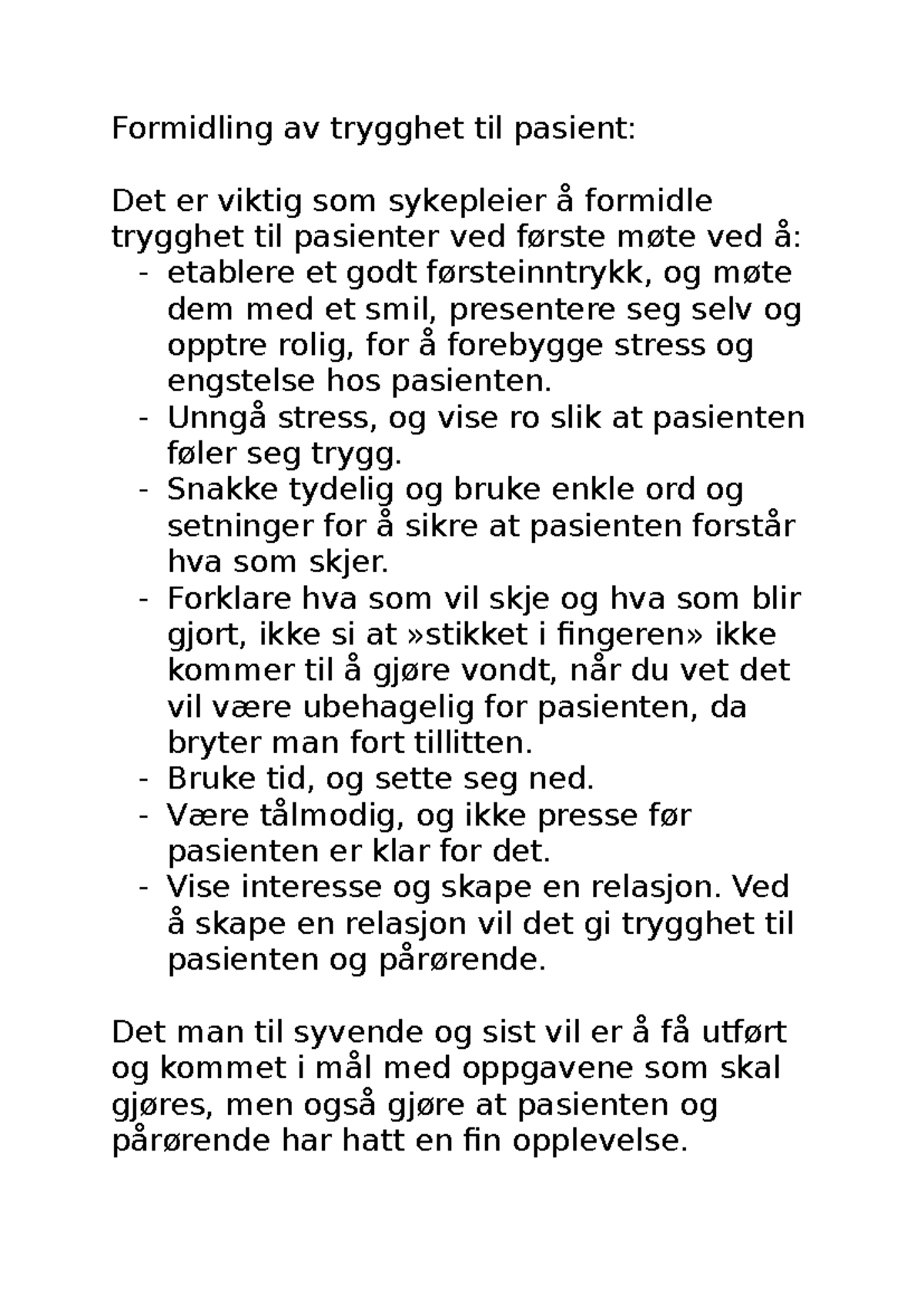Trygghet i Pasientbehandling: Tips for Sykepleiere - Studocu