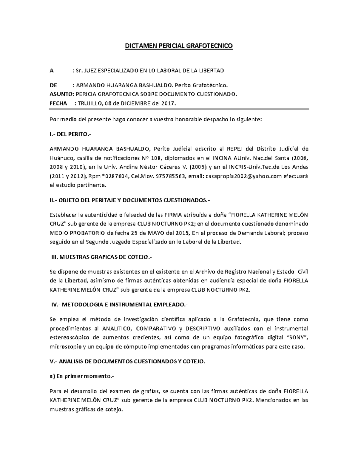 Dictamen Pericial Grafotécnico sobre Firma de K. Melón - Caso Laboral ...
