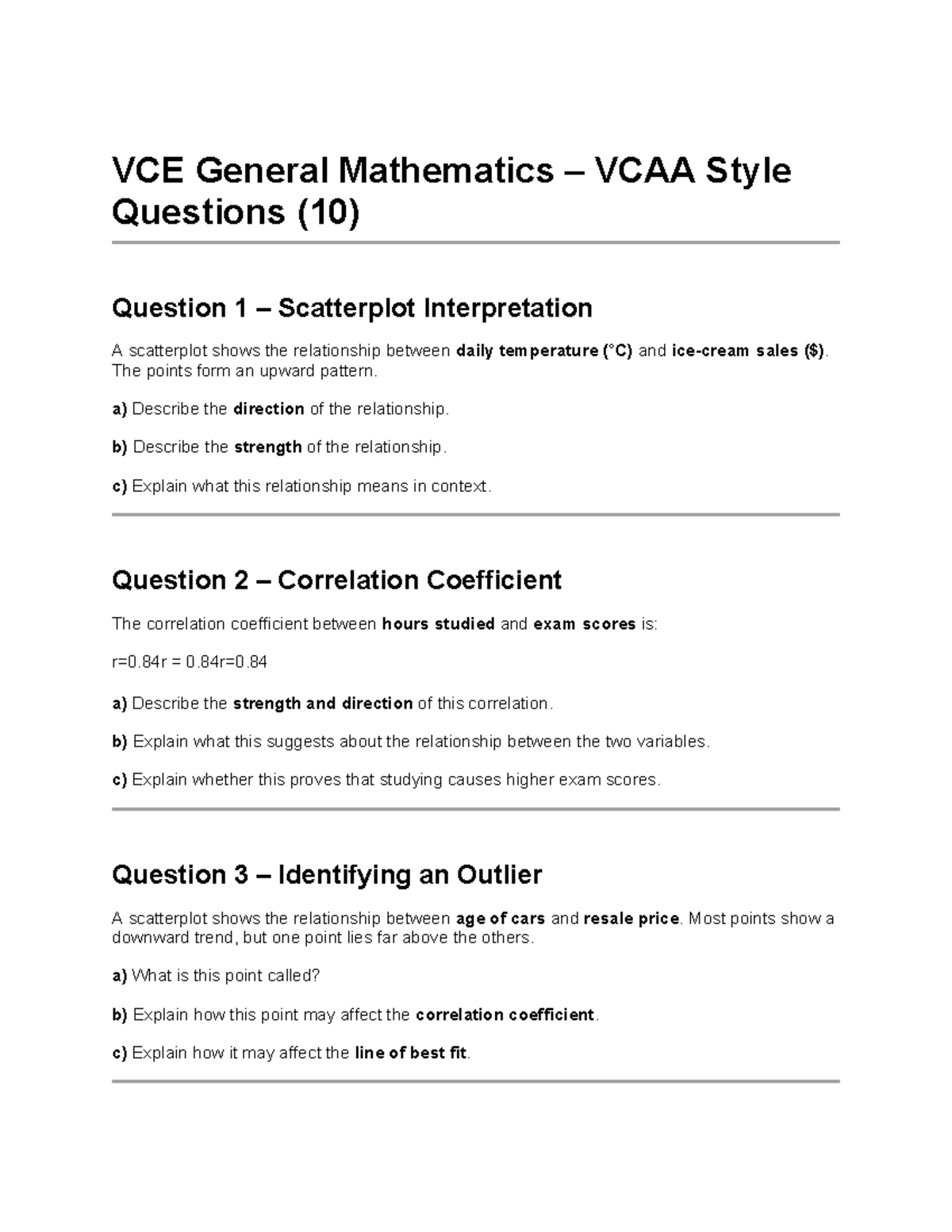 VCE General Mathematics – VCAA Style Questions (10) Chapter 07 - Studocu
