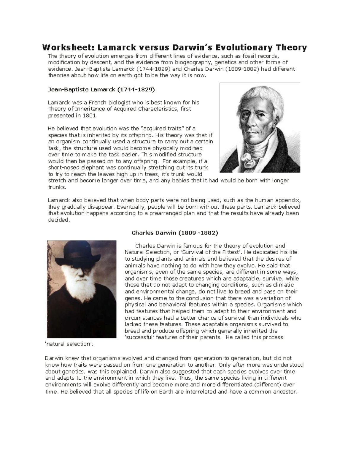 Worksheet: Lamarck vs. Darwin Evolutionary Theories Comparison - Studocu