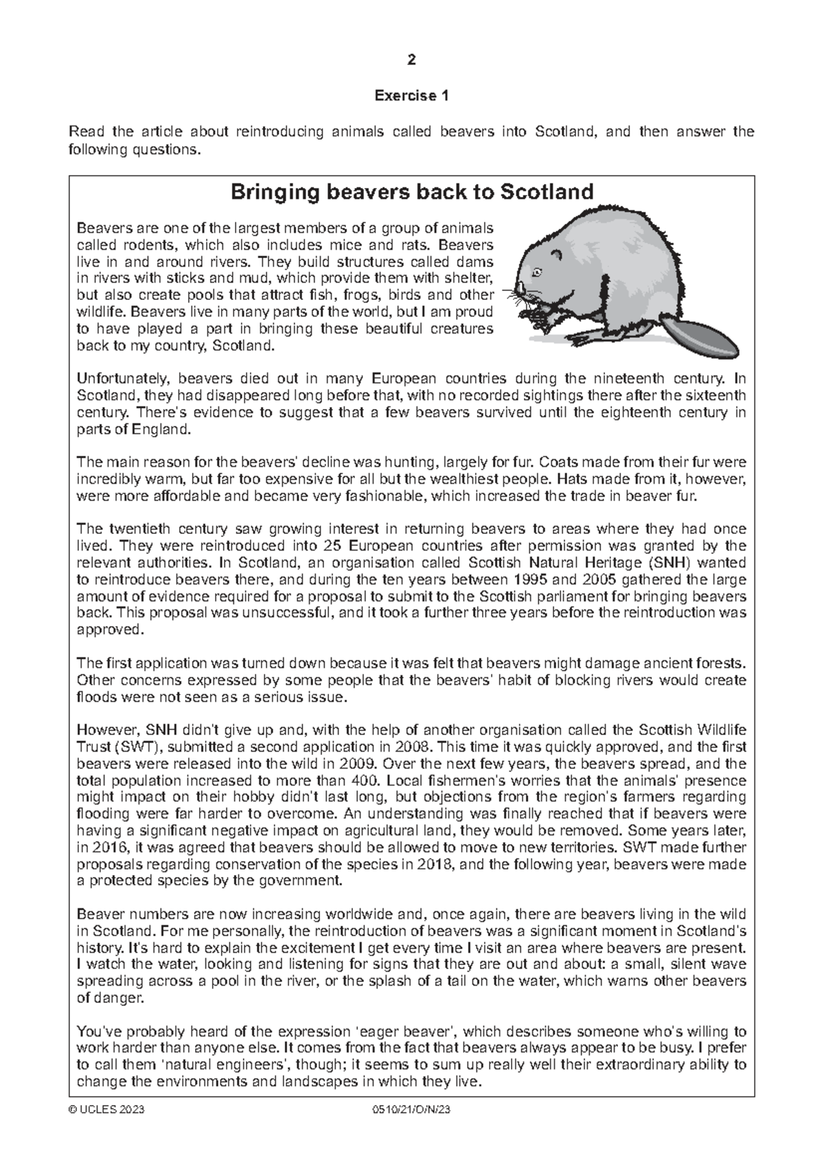 Reintroducing Beavers to Scotland: Reading Worksheet - ESL - Studocu
