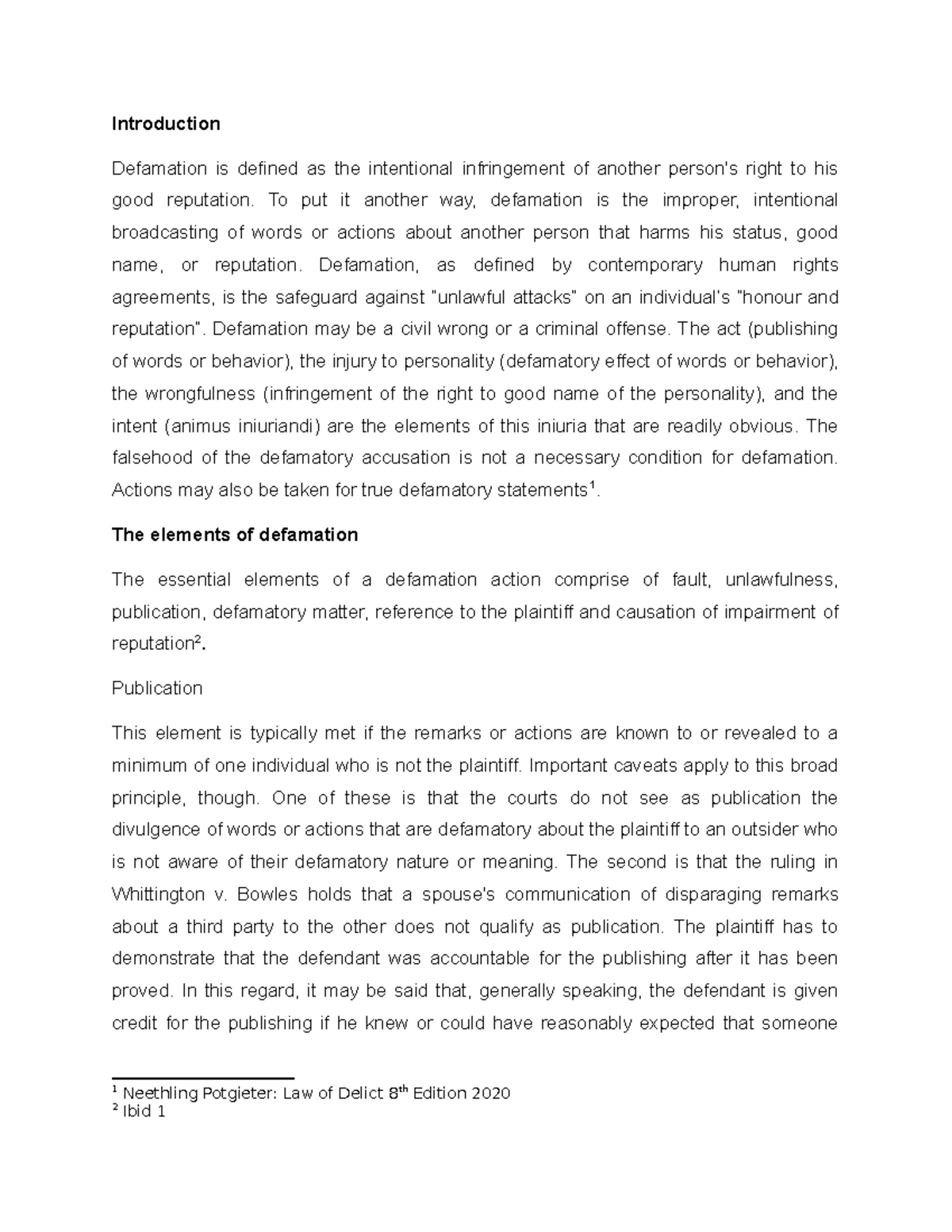 LAW 101: Defamation - Key Elements and Legal Principles Notes - Studocu