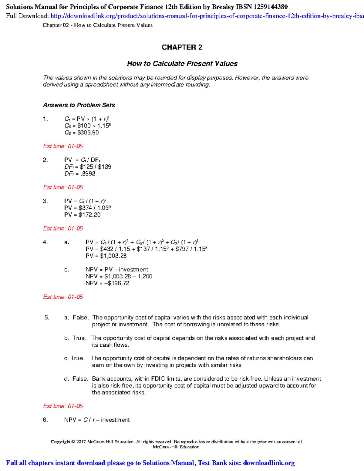 Solutions Manual for Principles of Corporate Finance (Chapter 02: PV ...