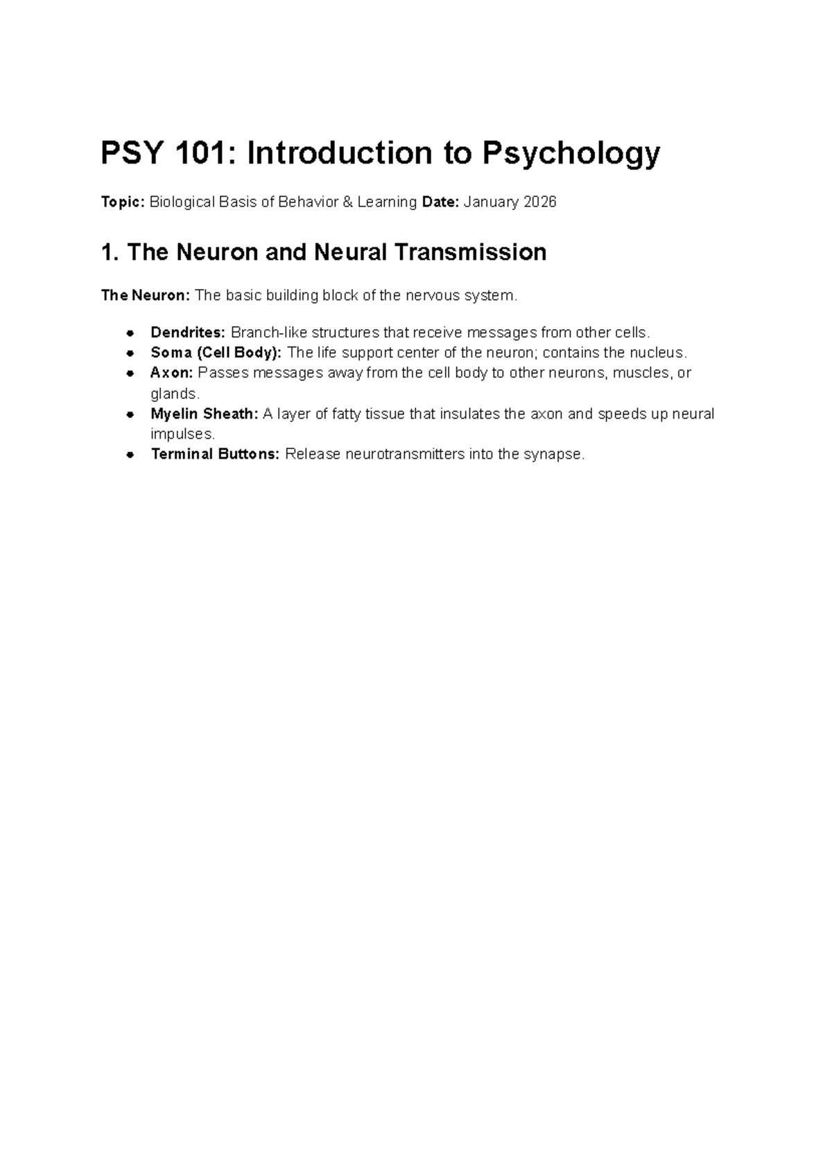 PSY 101: Biological Basis of Behavior - Key Concepts and Terms - Studocu