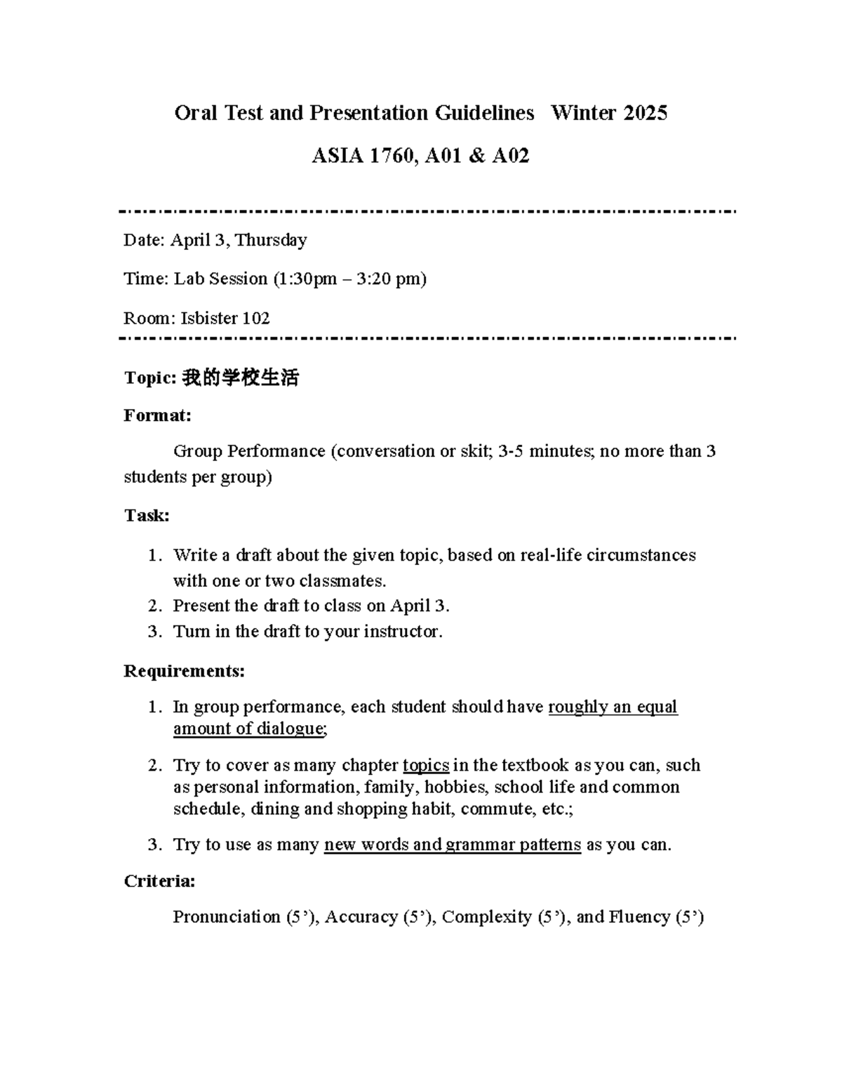 Oral Test Guidelines & Outline W25 ASIA 1760 A01 A02 - Studocu