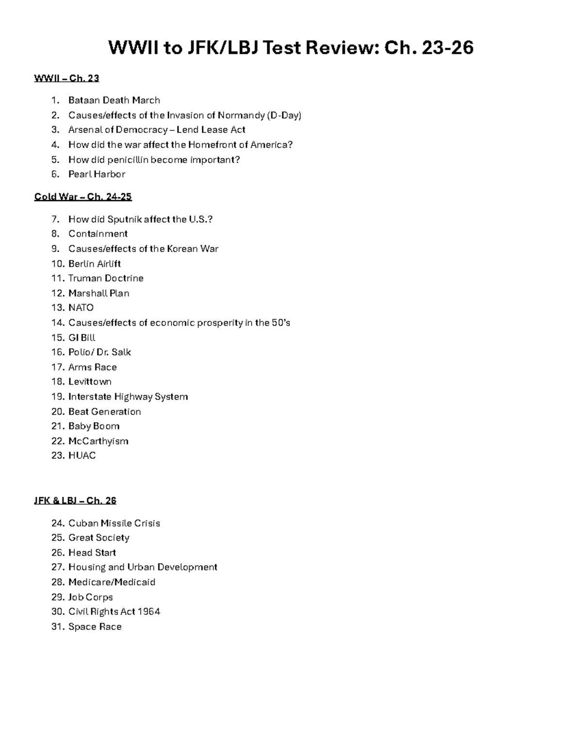 WWII to JFK LBJ Test Review: Key Events & Concepts - Studocu