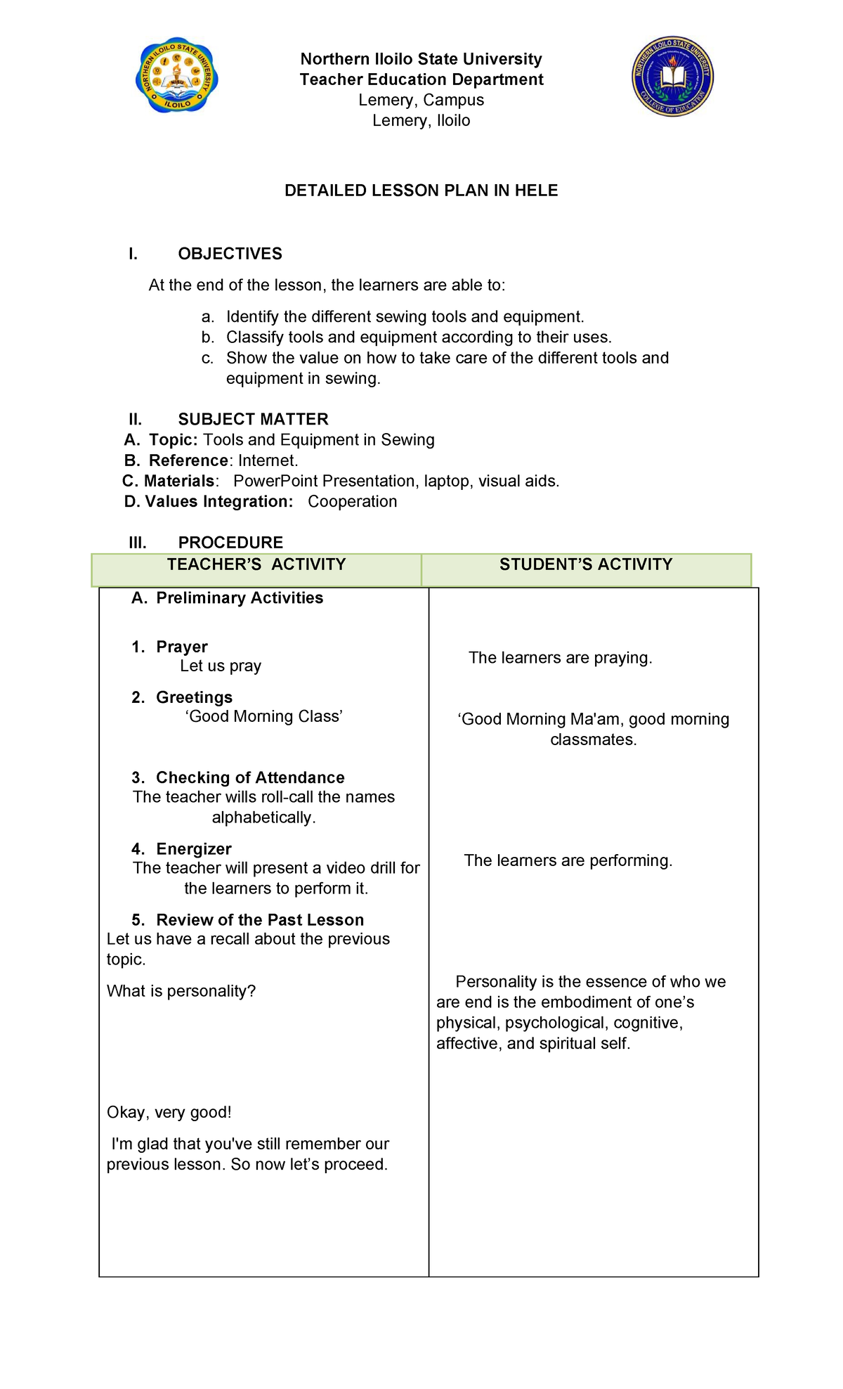 HELE 101: Detailed Lesson Plan on Sewing Tools & Equipment - Studocu